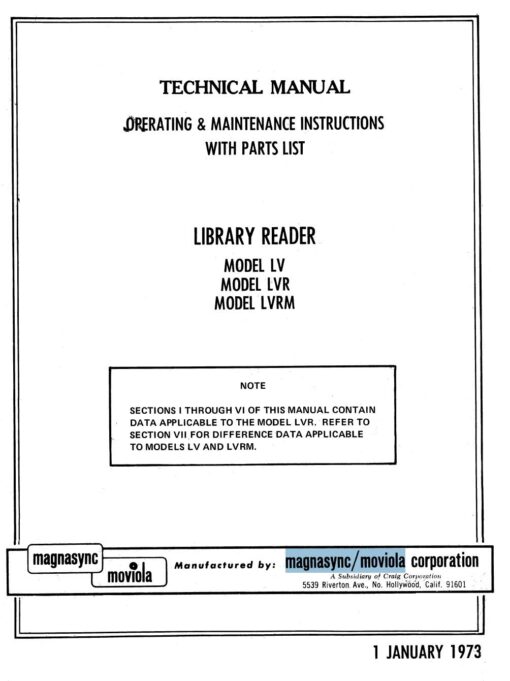 Moviola Magnasync LV LVR LVRM Spare parts and service manual, Languages ...
